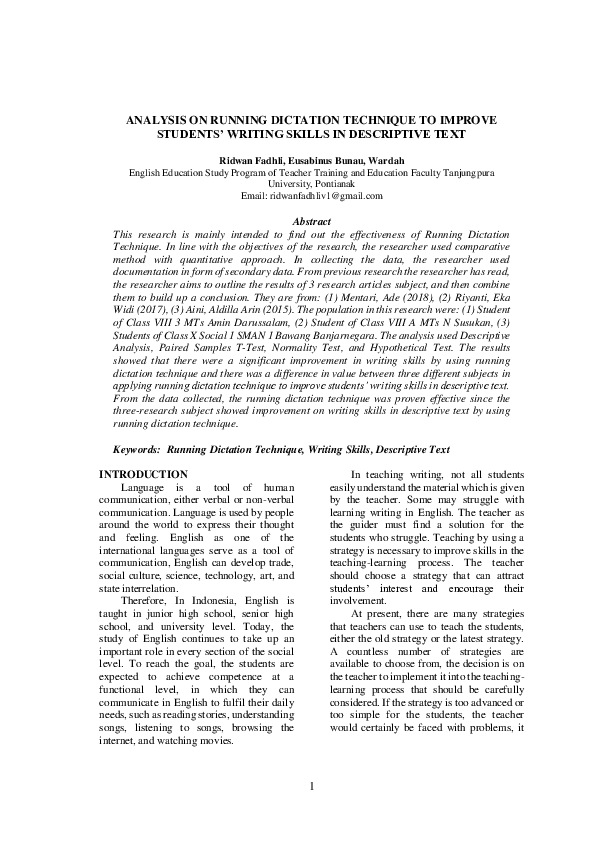 (PDF) Analysis on Running Dictation Technique to Improve Students’ Writing Skills in Descriptive ...