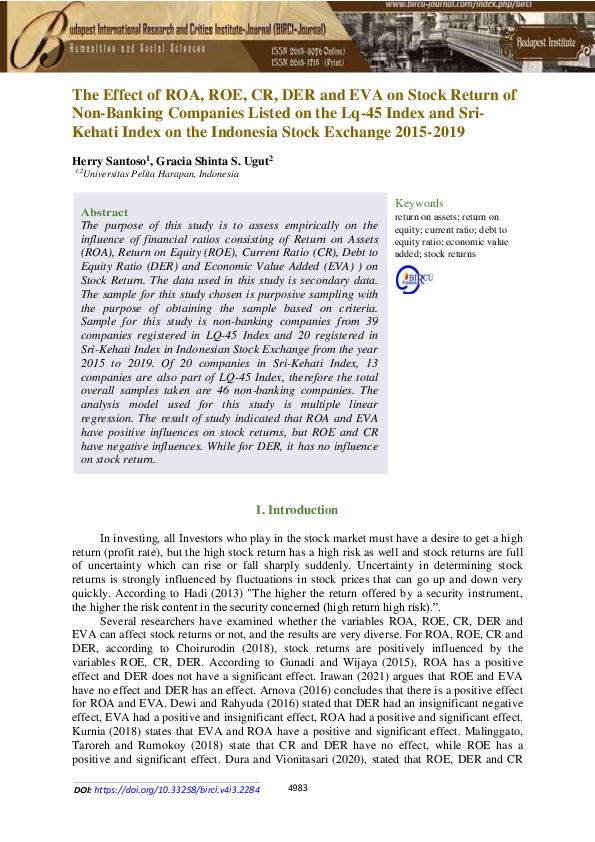 (PDF) The Effect of ROA, ROE, CR, DER and EVA on Stock Return of Non ...