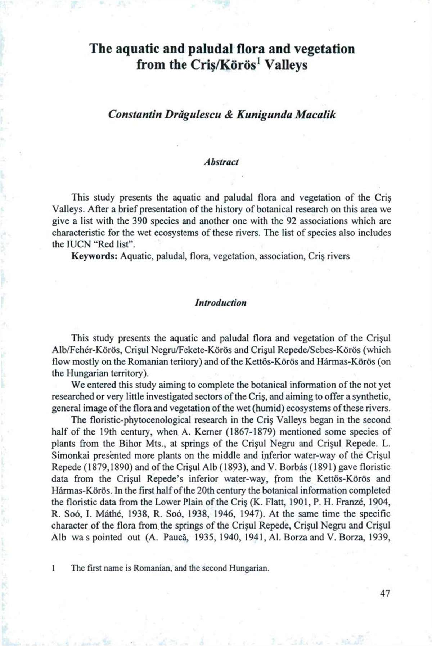 (PDF) The aquatic and paludal flora and vegetation from the Criş/Körös ...