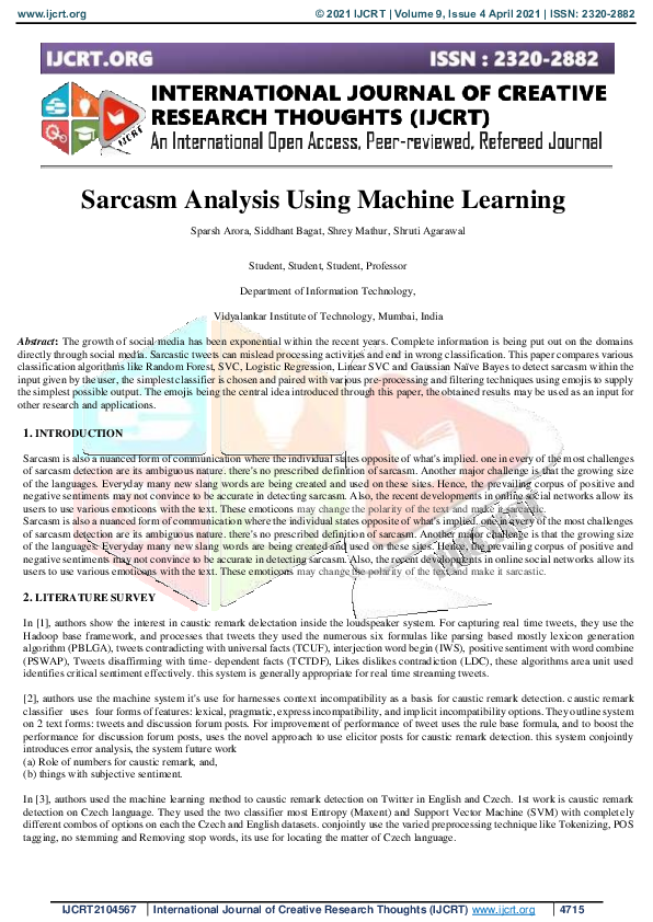 Pdf Sarcasm Analysis Using Machine Learning
