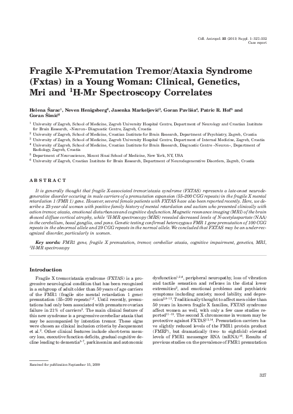 (PDF) Fragile X-premutation tremor/ataxia syndrome (FXTAS) in a young woman: clinical, genetics ...