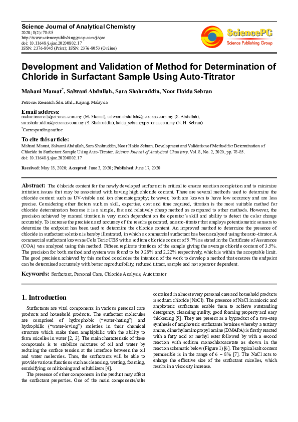 (PDF) Development and Validation of Method for Determination of Chloride in Surfactant Sample ...