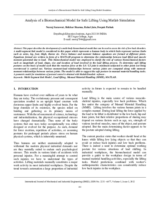 (PDF) Analysis of a Biomechanical Model for Safe Lifting Using Matlab ...