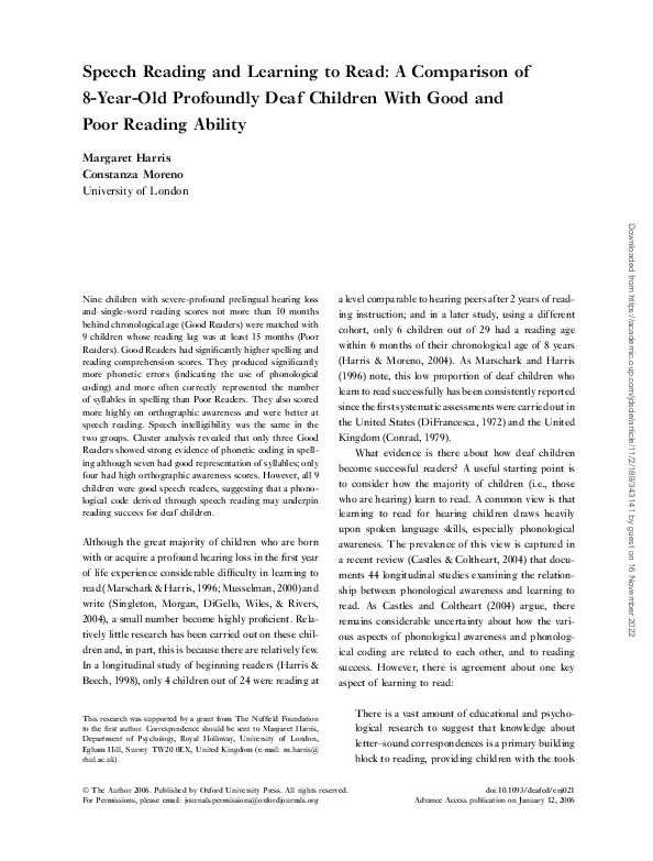(PDF) 2006).Speech reading and learning to read: A comparison of 8-year ...