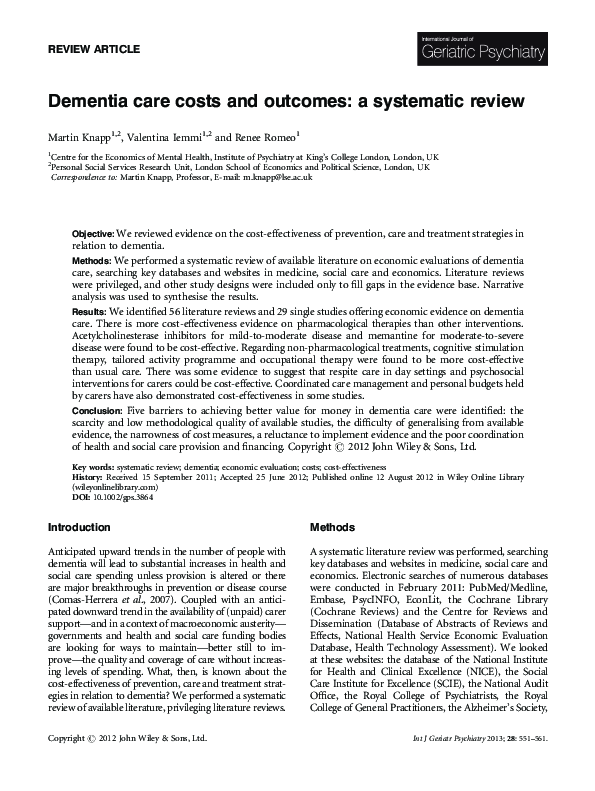 (PDF) Dementia care costs and outcomes: a systematic review