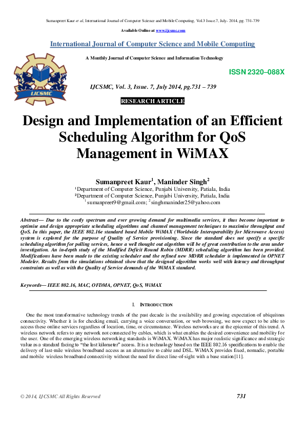 (PDF) Design and Implementation of an Efficient Scheduling Algorithm for QoS Management in WiMAX