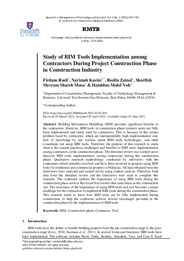 (PDF) Study of BIM Tools Implementation among Contractors During ...