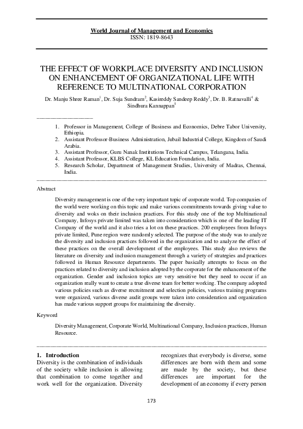 (PDF) THE EFFECT OF WORKPLACE DIVERSITY AND INCLUSION ON ENHANCEMENT OF ...