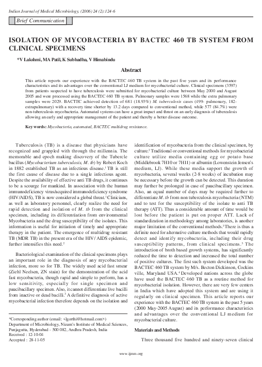 (PDF) Isolation of mycobacteria by Bactec 460 TB system from clinical ...