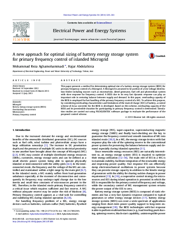 Pdf A New Approach For Optimal Sizing Of Battery Energy Storage System For Primary Frequency
