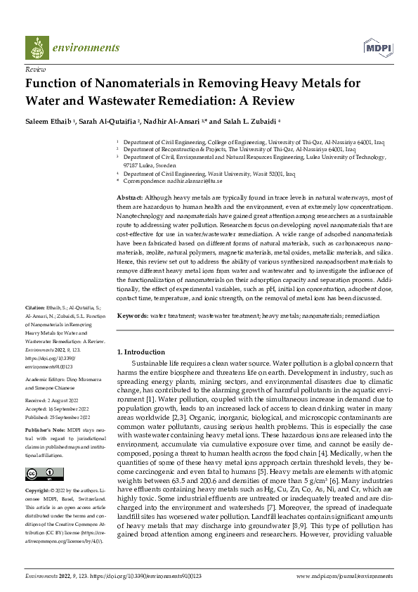 (PDF) Function of Nanomaterials in Removing Heavy Metals for Water and Wastewater Remediation: A ...