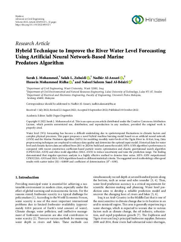 (PDF) Hybrid Technique to Improve the River Water Level Forecasting Using Artificial Neural ...
