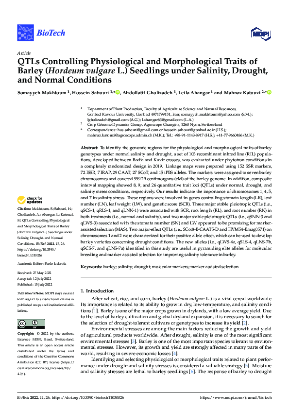 (PDF) QTLs Controlling Physiological and Morphological Traits of Barley (Hordeum vulgare L ...