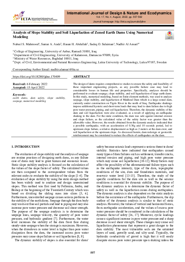 (PDF) Analysis of Slope Stability and Soil Liquefaction of Zoned Earth Dams Using Numerical Modeling