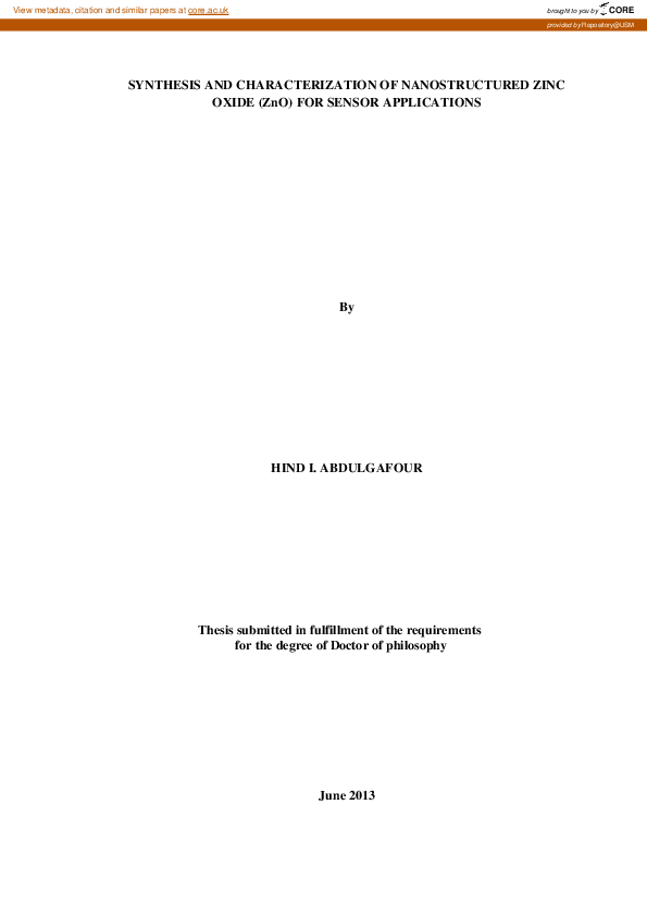 (PDF) Synthesis And Characterization Of Nanostructured Zinc Oxide (Zno) For Sensor Applications