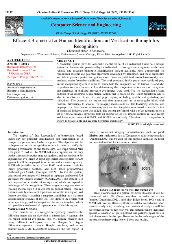 (PDF) Efficient Biometric for Human Identification and Verification through Iris Recognition