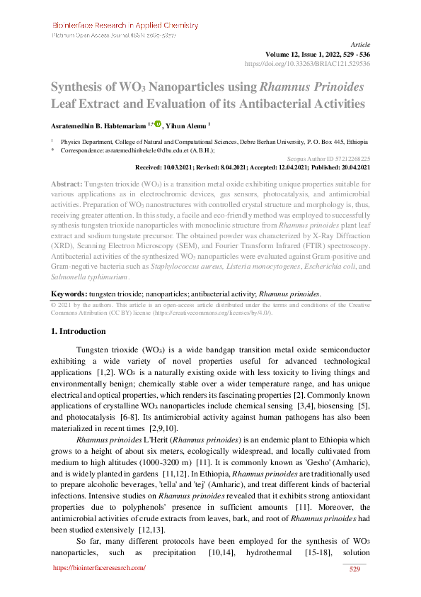 (PDF) Synthesis of WO3 Nanoparticles using Rhamnus Prinoides Leaf Extract and Evaluation of its ...