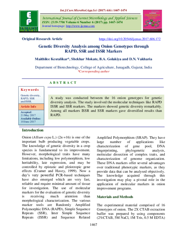 (PDF) Genetic Diversity Analysis among Onion Genotypes through RAPD, SSR and ISSR Markers