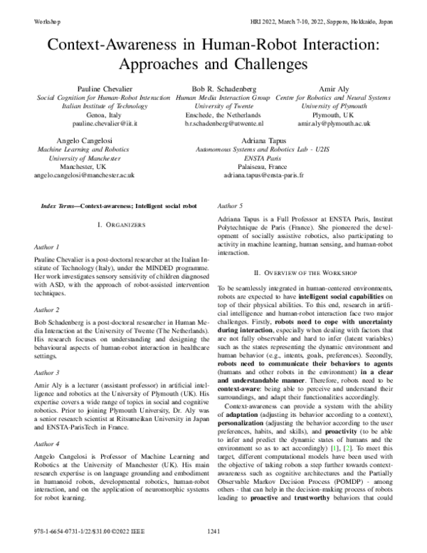 (PDF) Context-Awareness in Human-Robot Interaction: Approaches and Challenges