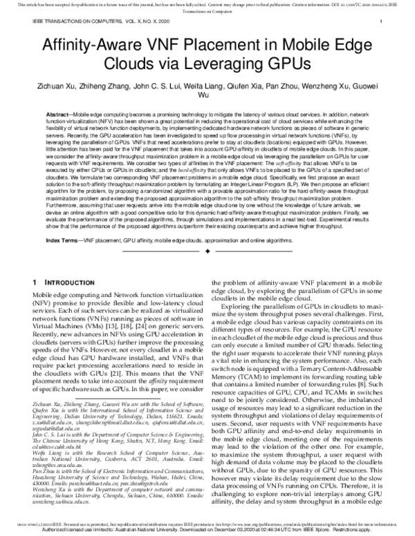 (PDF) Affinity-Aware VNF Placement in Mobile Edge Clouds via Leveraging GPUs