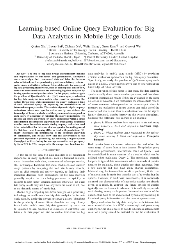 (PDF) Learning-based Online Query Evaluation for Big Data Analytics in Mobile Edge Clouds