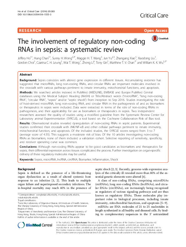 Pdf The Involvement Of Regulatory Non Coding Rnas In Sepsis A Systematic Review Hung Wen
