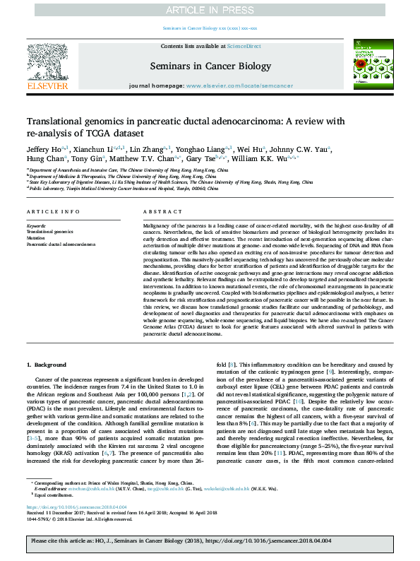 (PDF) Translational genomics in pancreatic ductal adenocarcinoma: A ...