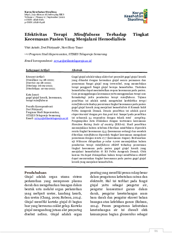 (PDF) Efektivitas Terapi Mindfulness Terhadap Tingkat Kecemasan Pasien Yang Menjalani Hemodialisis