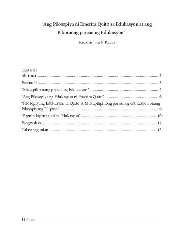 (PDF) "Ang Pilosopiya ni Emerita Quito sa Edukasyon at ang Pilipinong ...