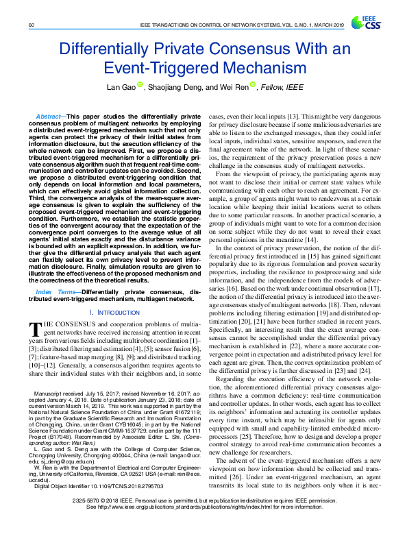 (PDF) Differentially private consensus with an event-triggered mechanism