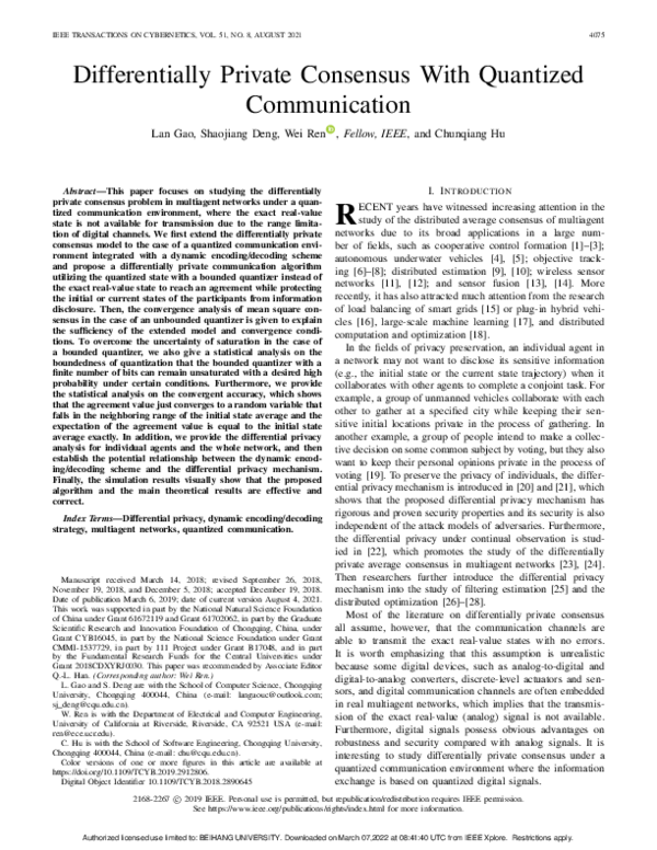 (PDF) Differentially Private Consensus With Quantized Communication