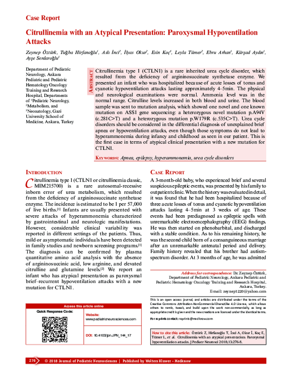(PDF) Citrullinemia with an atypical presentation: Paroxysmal ...