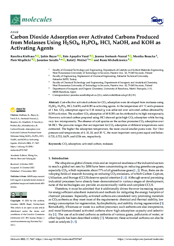 (PDF) Carbon Dioxide Adsorption over Activated Carbons Produced from Molasses Using H2SO4, H3PO4 ...
