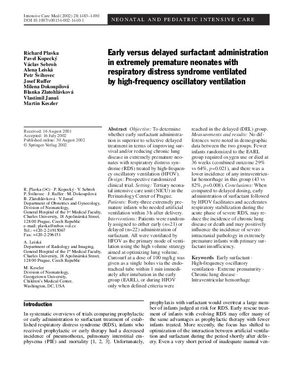 (PDF) Early versus delayed surfactant administration in extremely ...