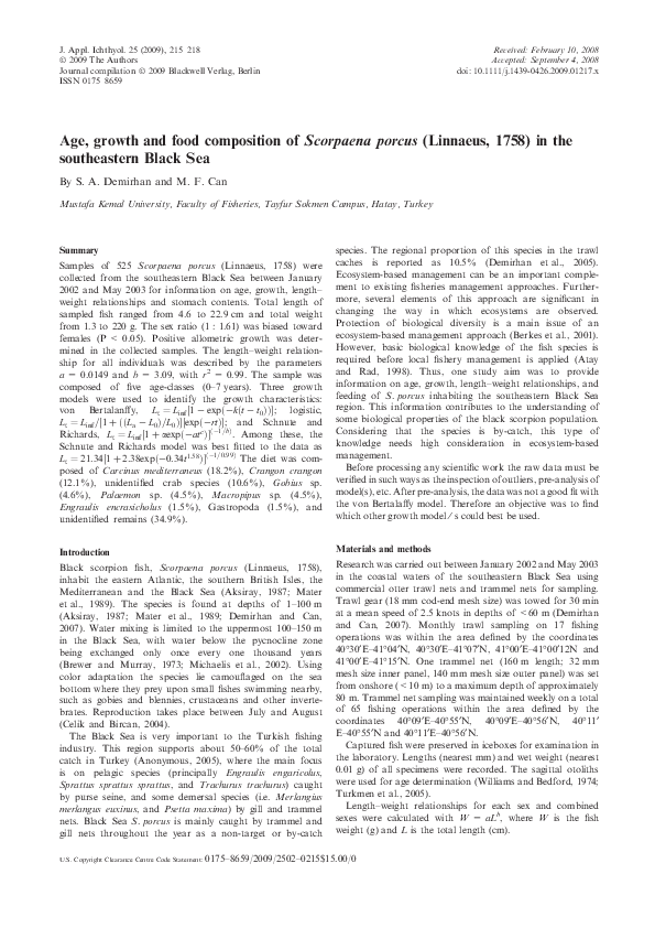 (PDF) Age, growth and food composition of Scorpaena porcus (Linnaeus ...