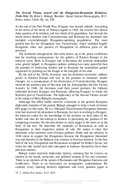 (PDF) The Second Vienna Award and the Hungarian-Romanian Relations ...