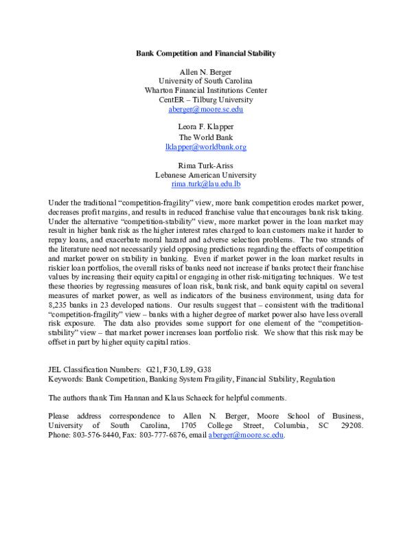 (PDF) Bank Competition and Financial Stability