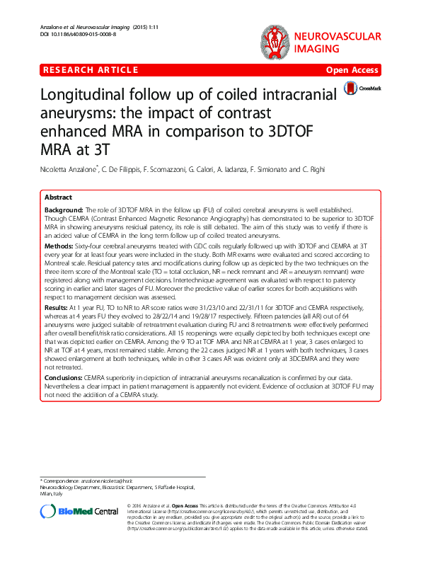 (PDF) Longitudinal follow up of coiled intracranial aneurysms: the impact of contrast enhanced ...