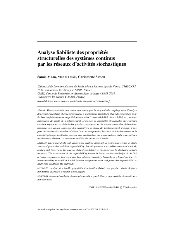 (PDF) Analyse fiabiliste des propriétés structurelles des systèmes ...