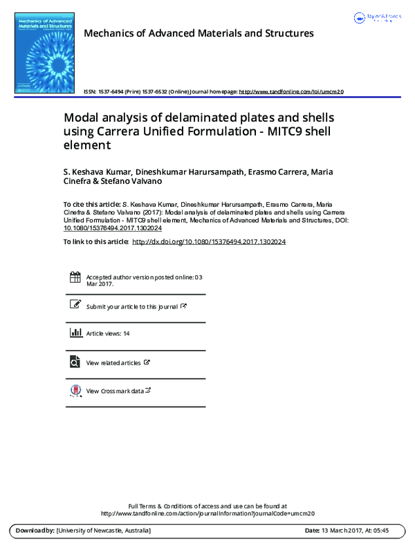 Pdf Modal Analysis Of Delaminated Plates And Shells Using Carrera Unified Formulation Mitc9