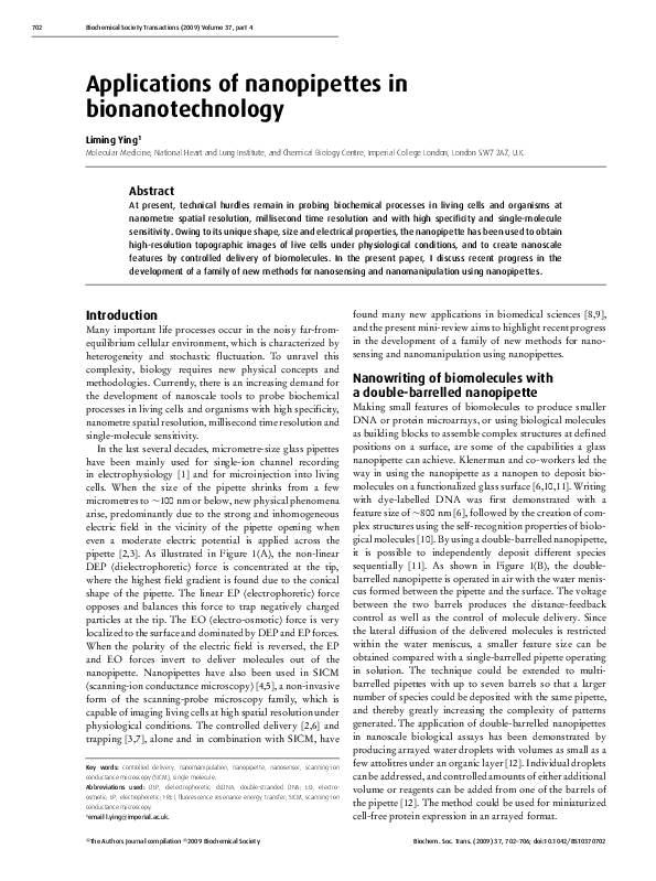 (PDF) Applications of nanopipettes in bionanotechnology