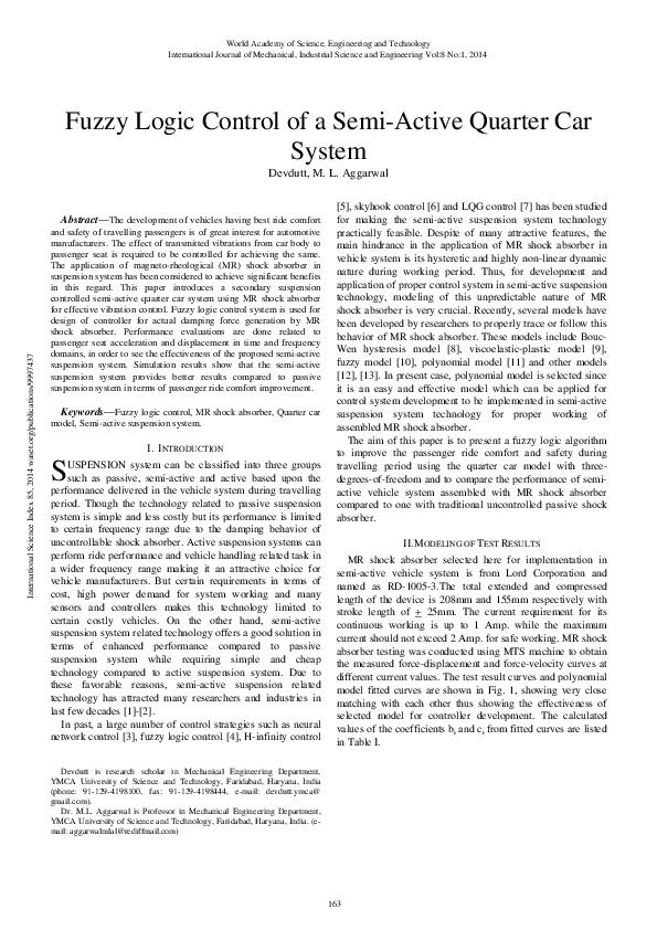 (PDF) Fuzzy Logic Control Of A Semi-Active Quarter Car System | Dr. Devdutt Singh - Academia.edu
