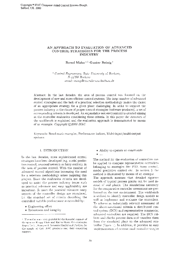 (PDF) An Approach to Evaluation of Advanced Control Strategies for the ...