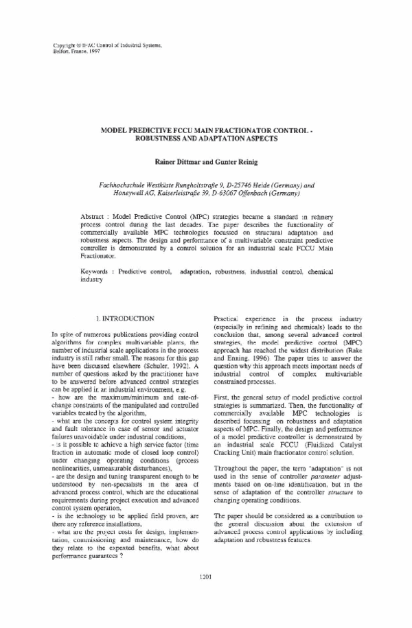 (PDF) Model Predictive FCCU Main Fractionator Control - Robustness and ...