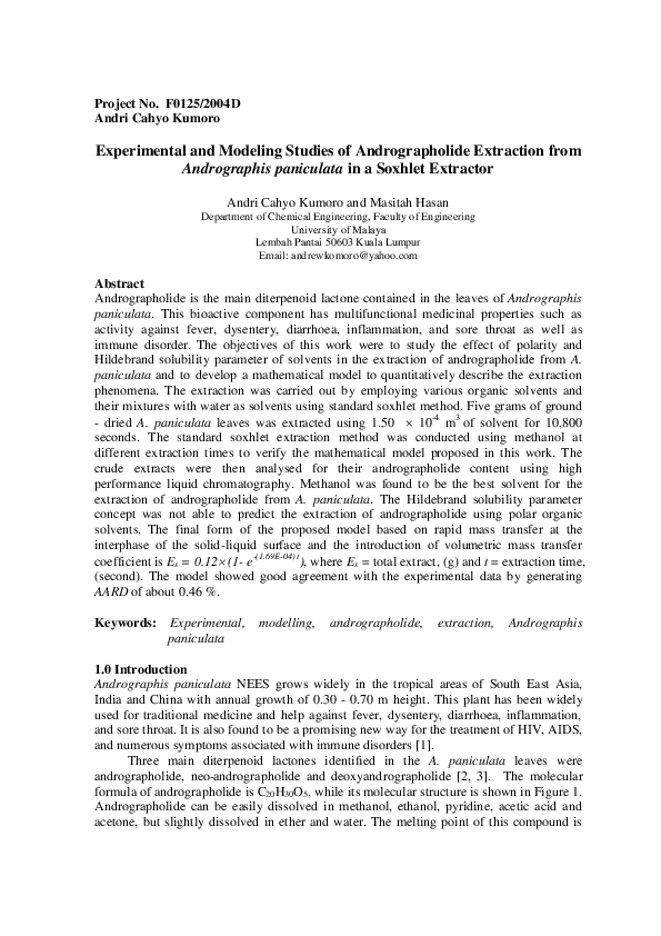 (PDF) Experimental and Modeling Studies of Andrographolide Extraction from Andrographis ...
