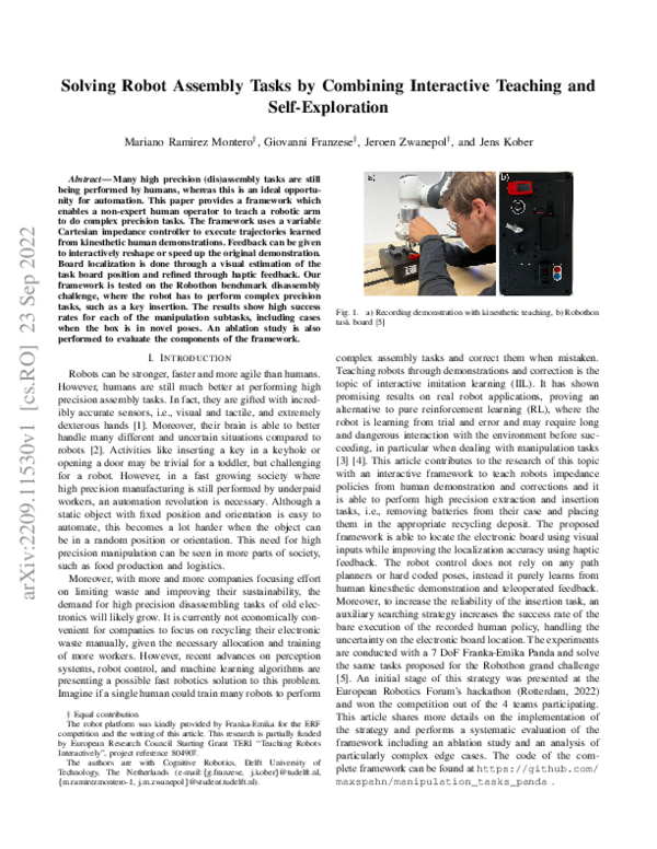 (PDF) Solving Robot Assembly Tasks by Combining Interactive Teaching and Self-Exploration