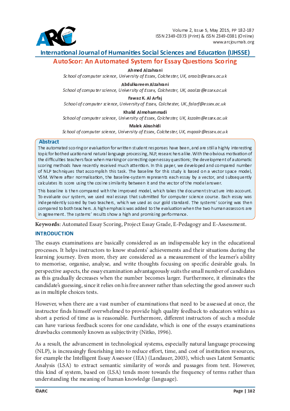 (PDF) AutoScor: An Automated System for Essay Questions Scoring