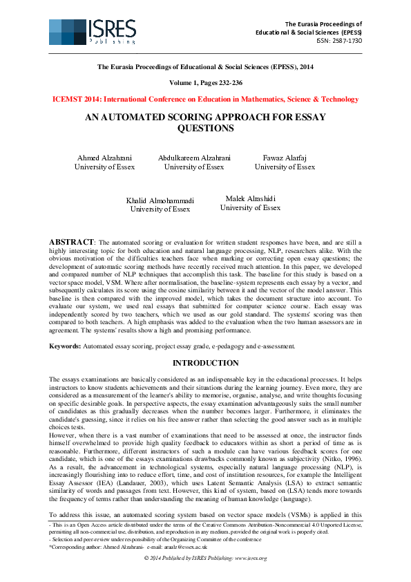 (PDF) An Automated Scoring Approach for Essay Questions