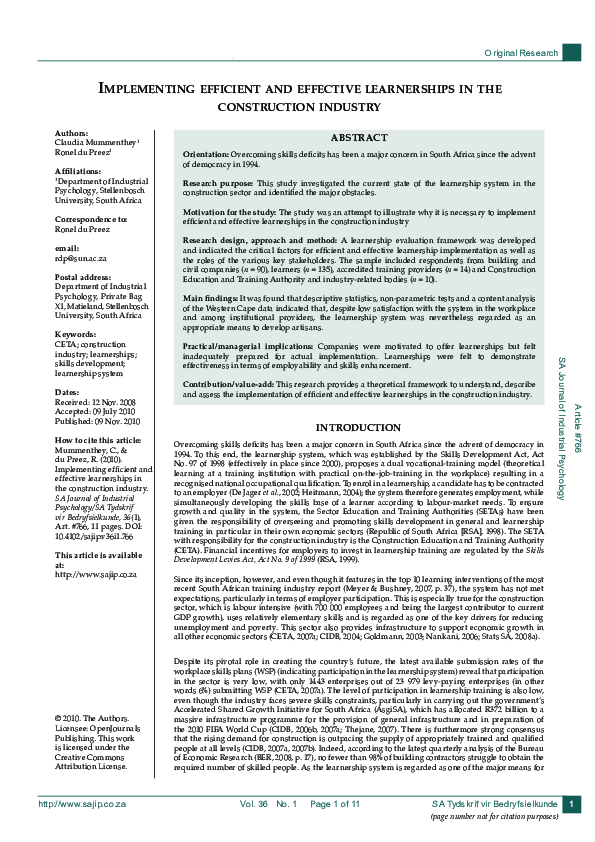 (PDF) Implementing efficient and effective learnerships in the construction industry