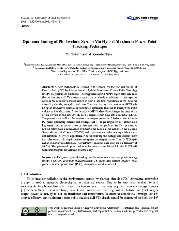 (PDF) Optimum Tuning of Photovoltaic System Via Hybrid Maximum Power Point Tracking Technique